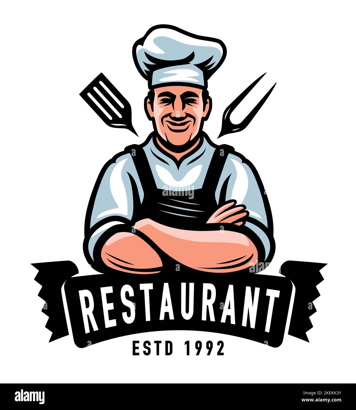 Restaurant logo. Happy chef in hat with meat frying tools. Grill food ...