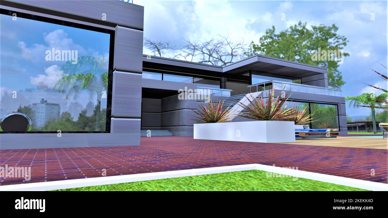 Cozy courtyard of modern housing with wonderful exotic plants. Facade ...