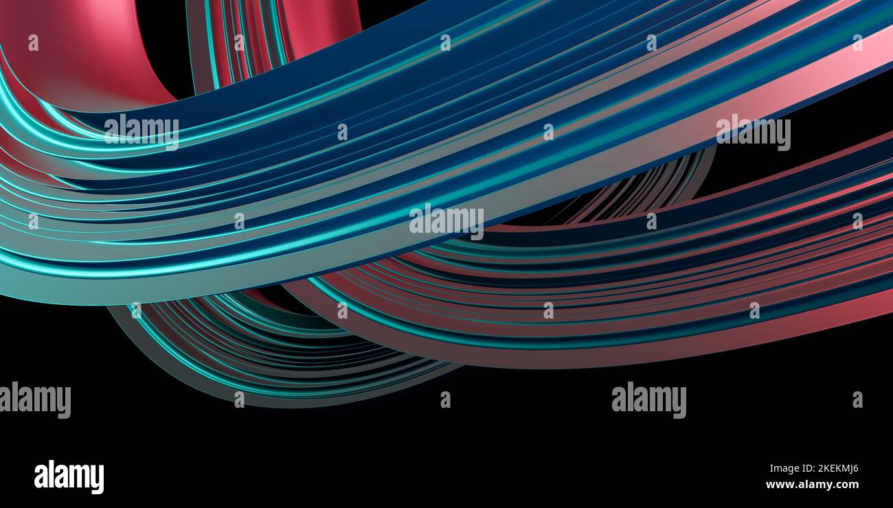 Abstract Overlapping Layers Of A Turquoise And Red 3d Object Metallic Strings Bands Or Curves
