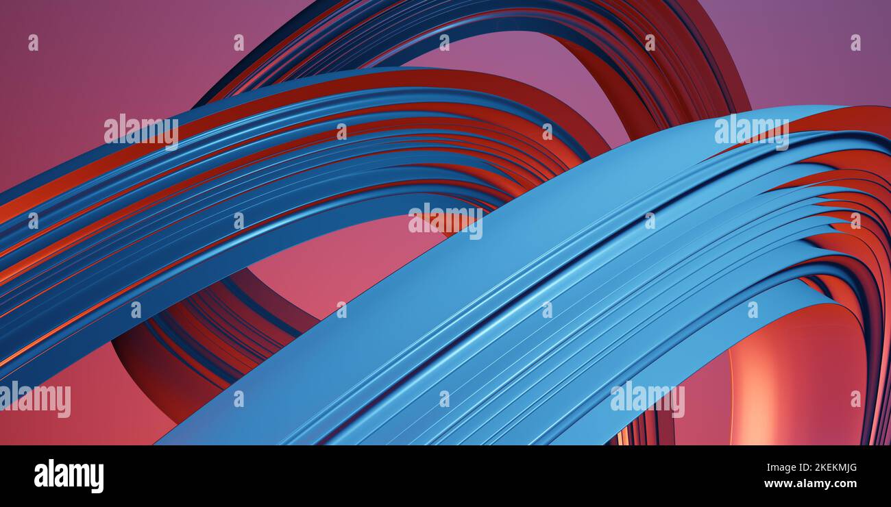 Abstract overlapping layers of a blue and red 3D object, metallic ...