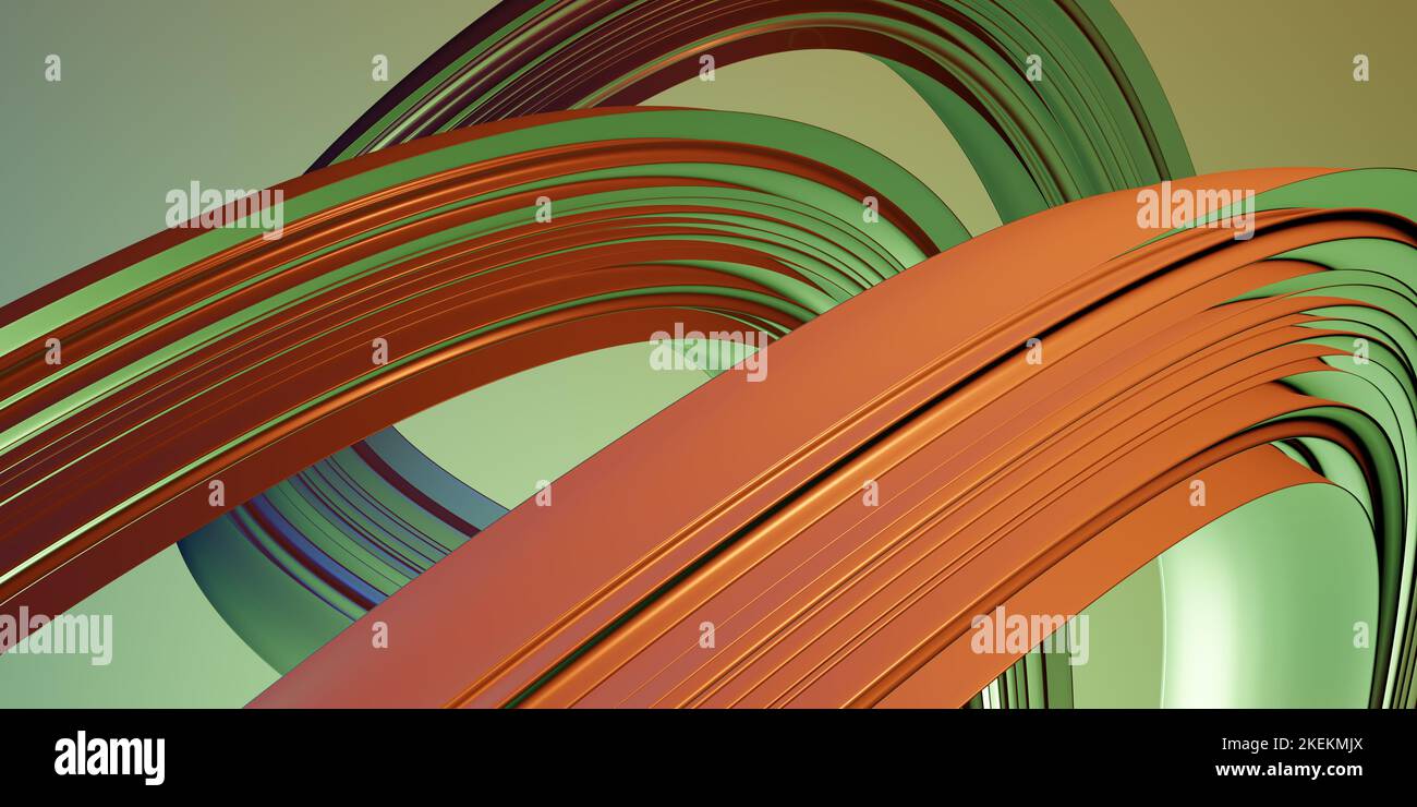 Abstract overlapping layers of a green and red 3D object, metallic ...