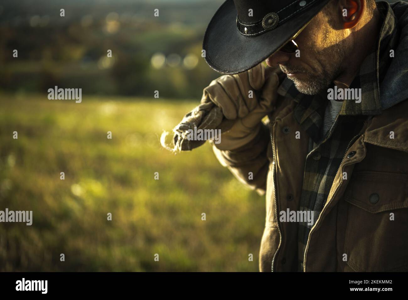 Caucasian Pensive Cowboy Rancher in His 40s Profile Outdoor Portrait ...