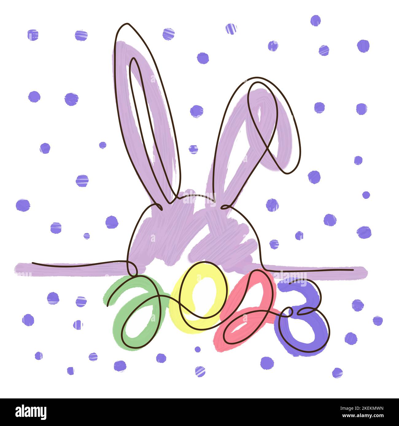 Bunny ears turn into the number 2023, one line drawing, acrylic strokes ...