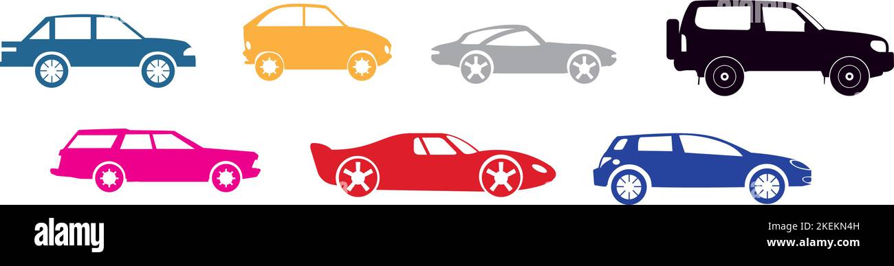 A vector illustration of a set of colorful cars on a white background ...
