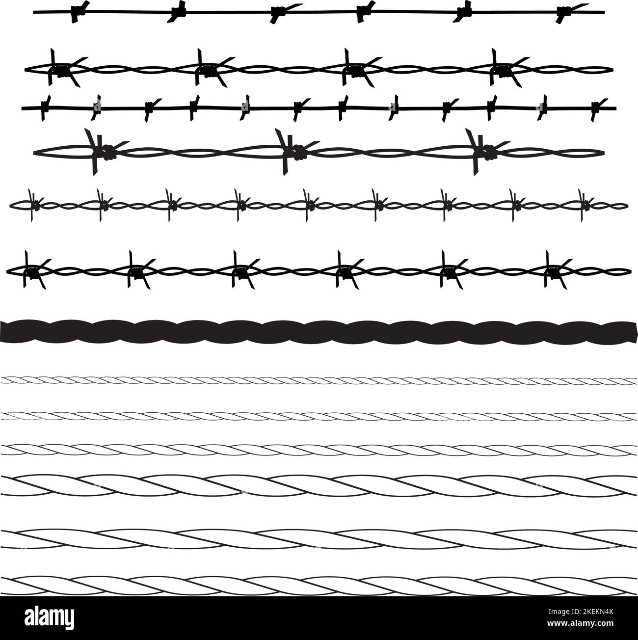 A vector illustration set of black barbed wires and ropes in various ...