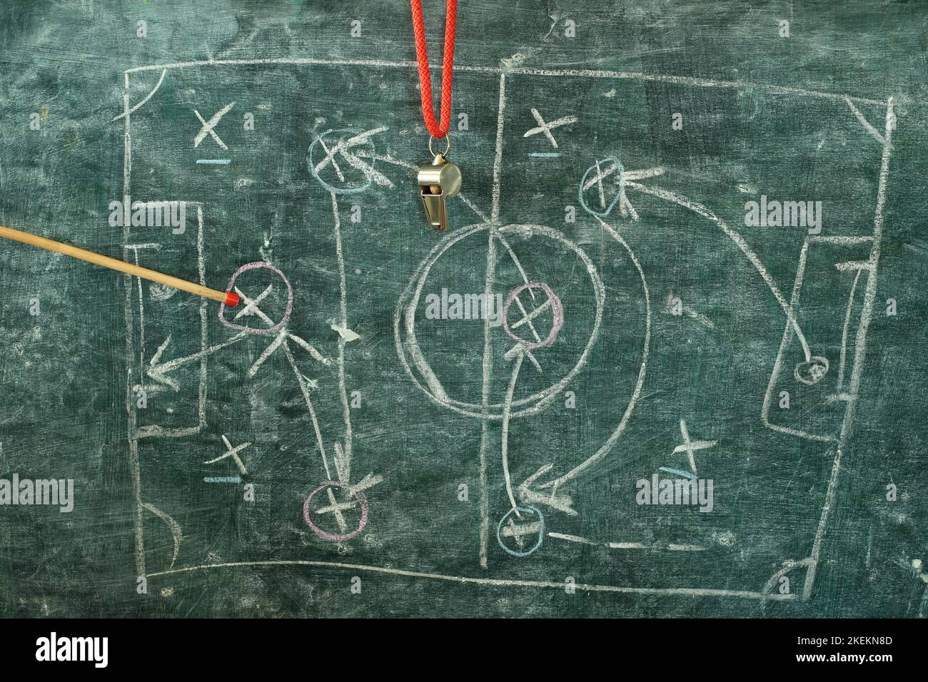 Whistle of soccer referee or trainer, pointer and soccer tactics ...