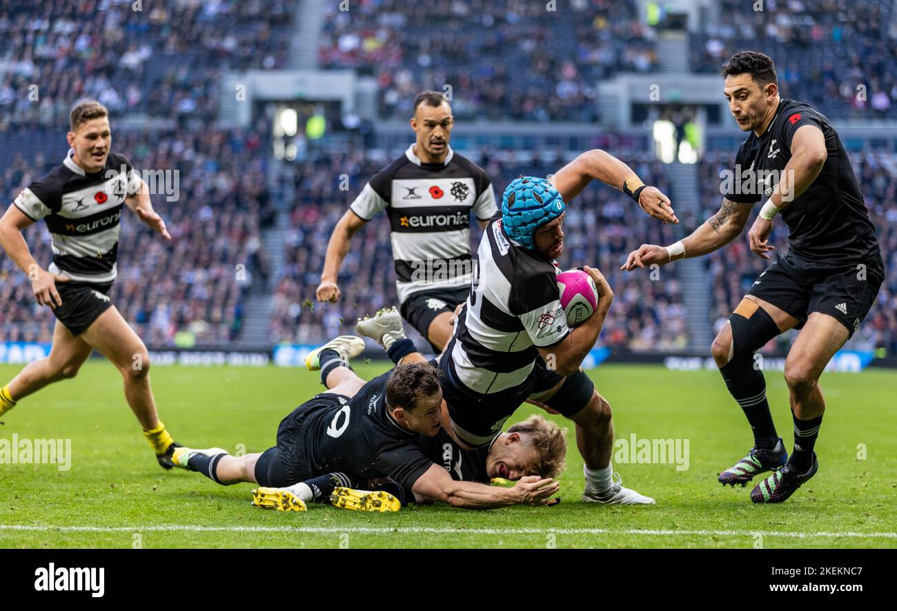 Barbarians' Zach Mercer on his way to scoring his side first try of the ...