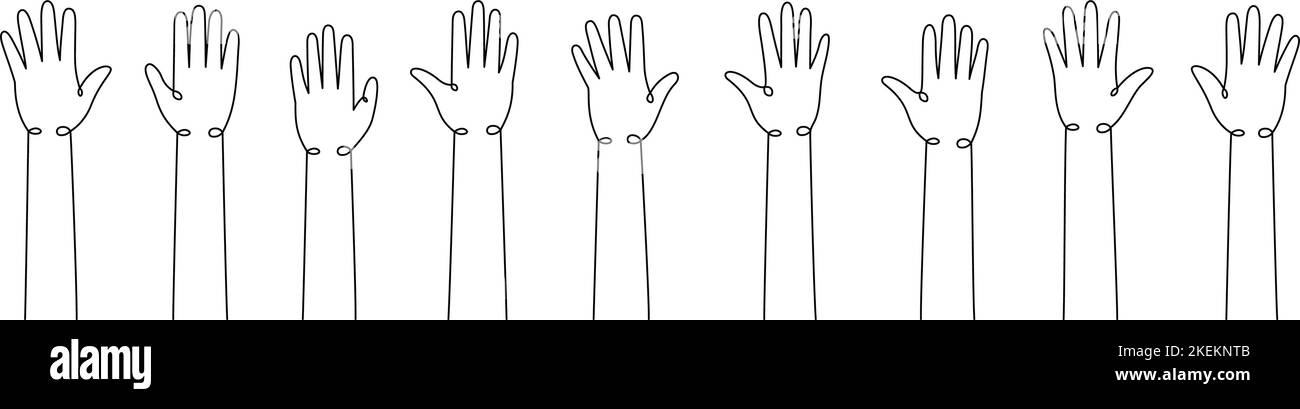 Raised hands one line continuous drawing. Public opinion, user feedback ...
