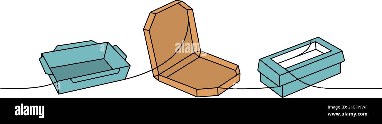 Set Of Takeaway Cardboard Boxes One Line Colored Continuous Drawing Empty Cardboard Boxes Bags