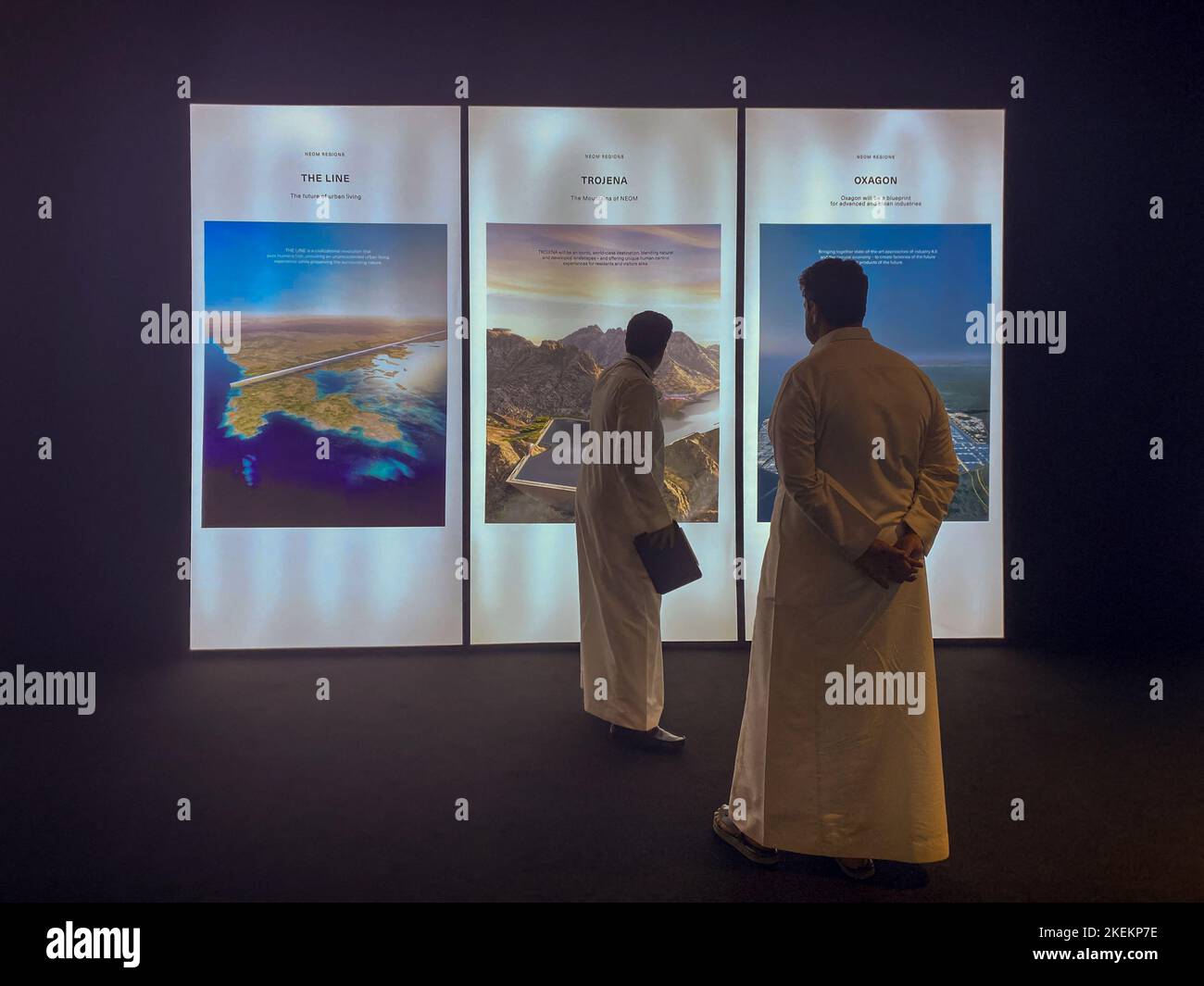 Visitors discover images and models of ’The Line’ project, during a new ...