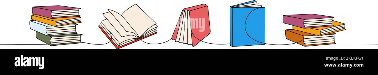 Books set one line colored continuous drawing. Bookstore, library ...