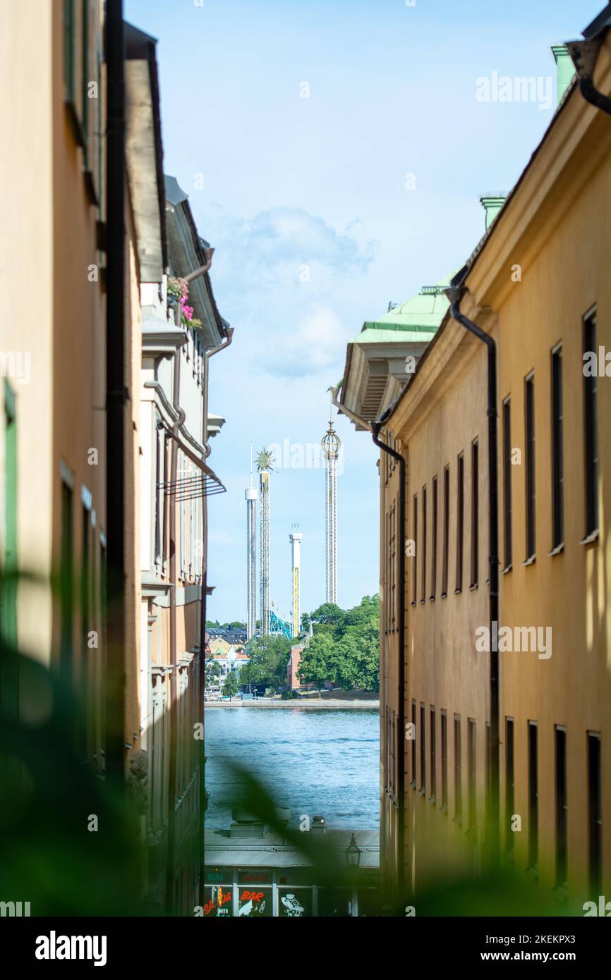 A vertical shot of the view of the Grona Lund amusement park from the ...