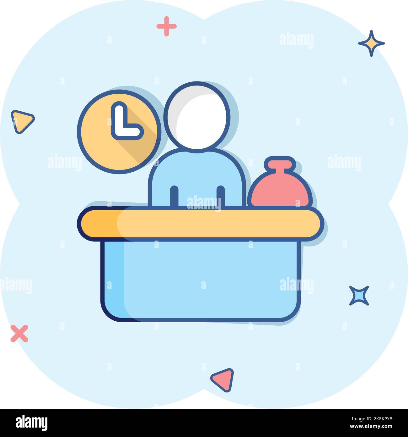 Check in reception icon in comic style. Booking service cartoon vector ...