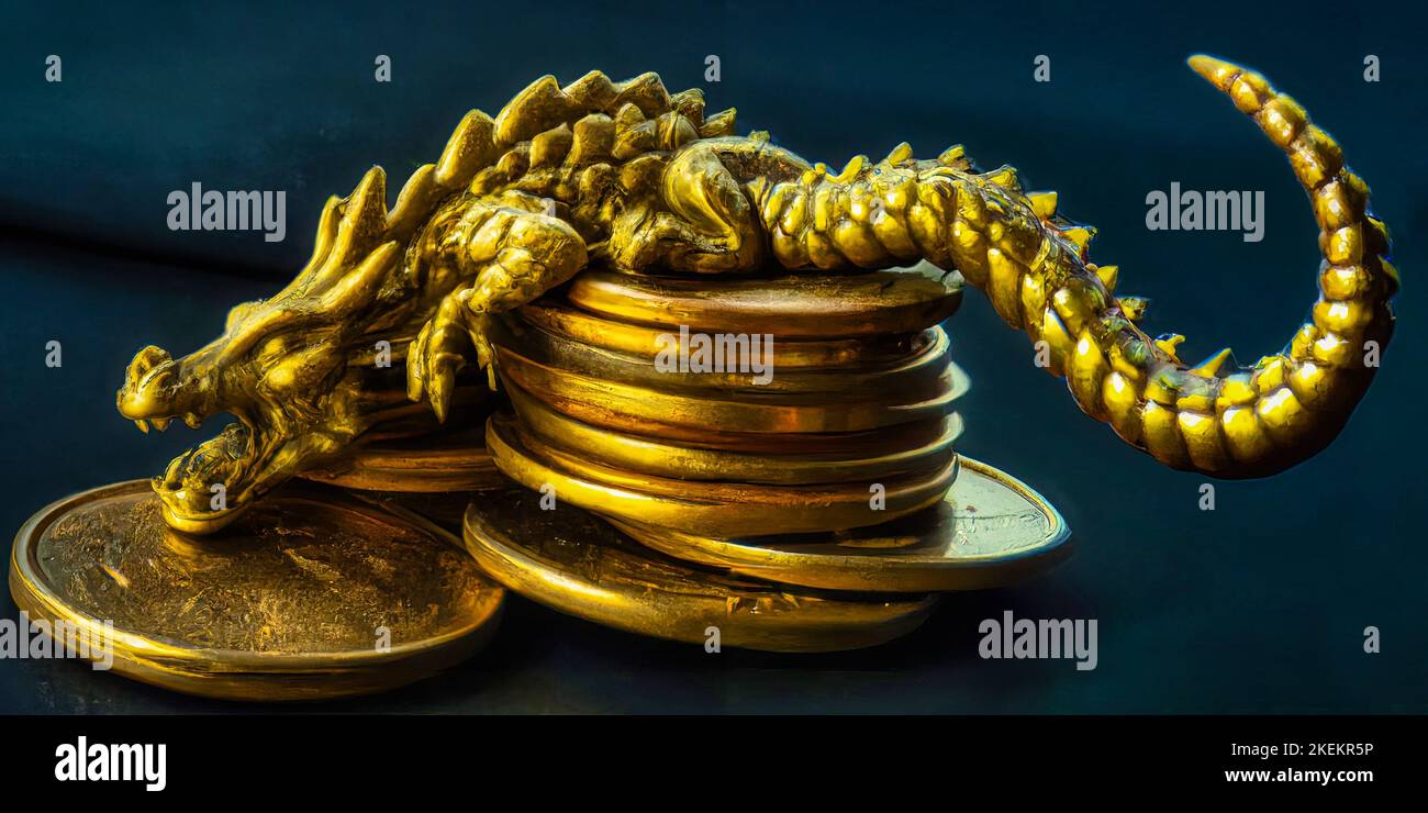Golden dragon statue sleeping on top of gold coins Stock Photo - Alamy