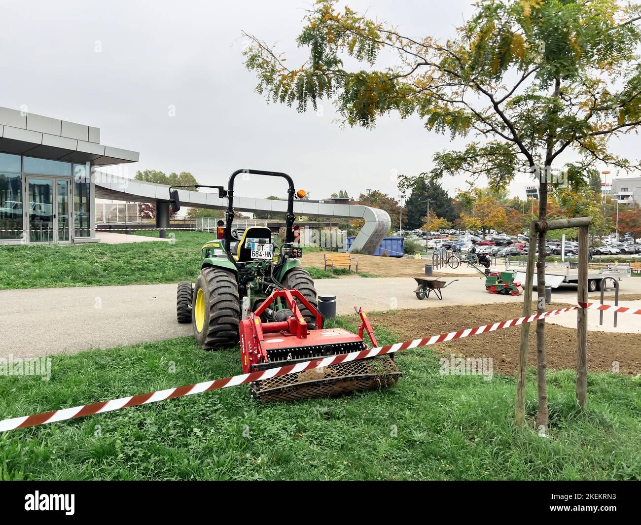 Strasbourg, France - OCt 20, 2022: Rear view of tractor carrying red ...