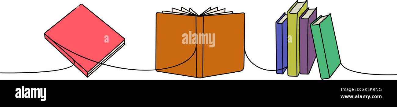Set of books one line colored continuous drawing. Bookstore, library ...
