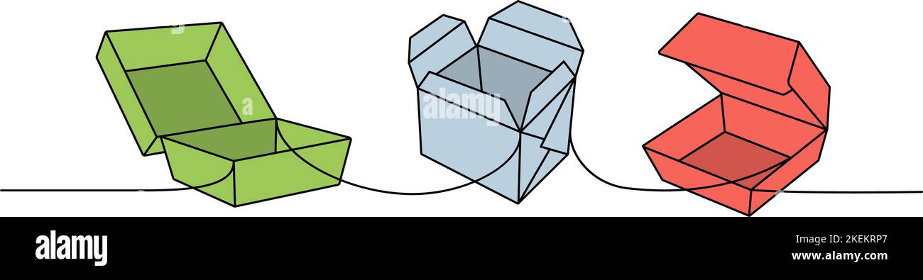 Takeaway Cardboard Boxes Set One Line Colored Continuous Drawing Empty
