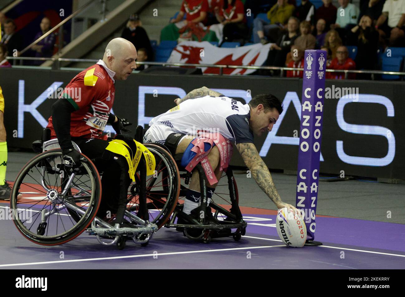 England's Lewis King scores a try during the Wheelchair Rugby League ...