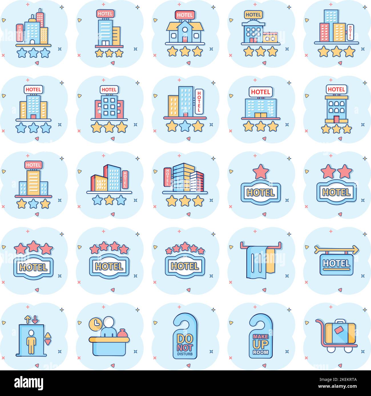 Hotel icon set in comic style. Booking cartoon vector illustration on ...