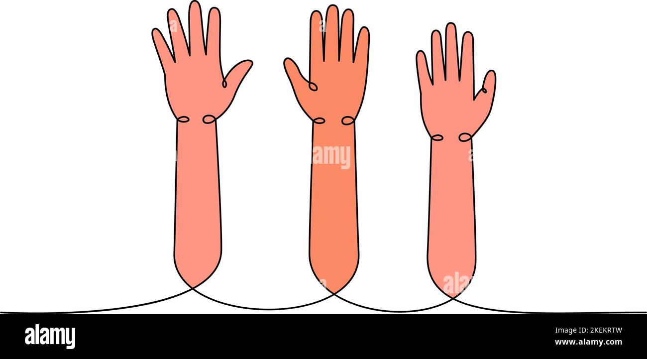 Hands up one line colored continuous drawing. Teamwork, collaboration ...