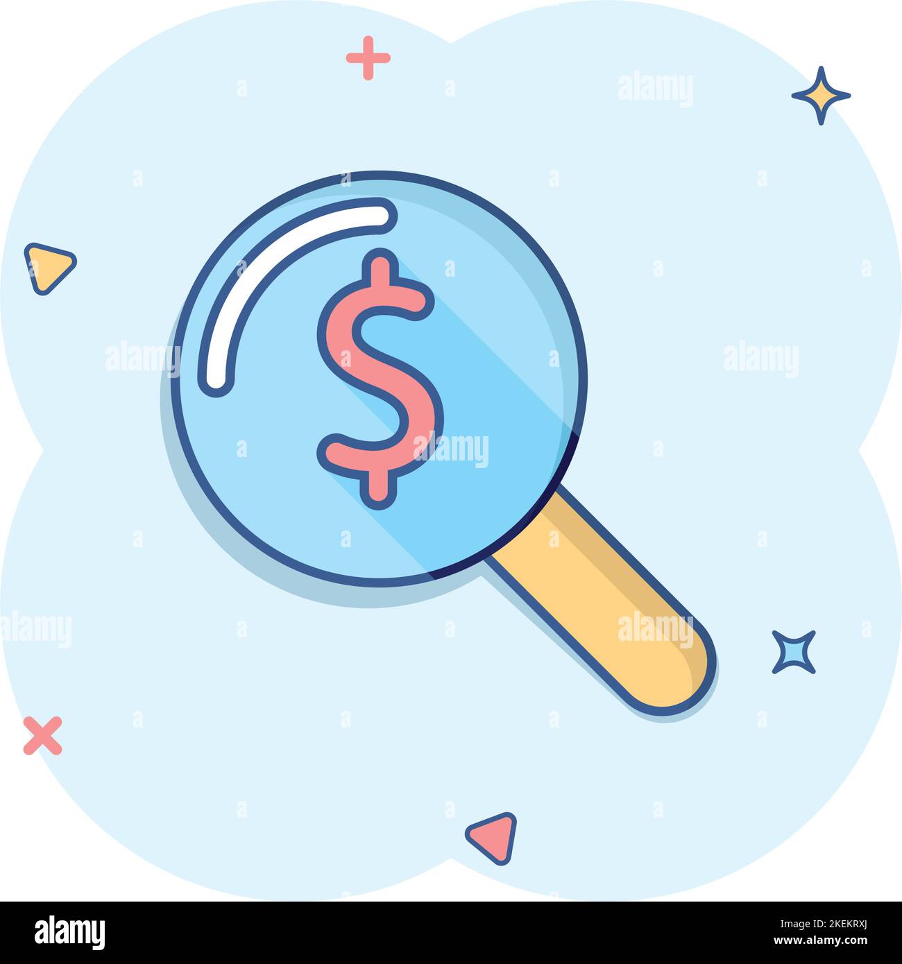Magnifier glass with money icon in comic style. Dollar search cartoon ...