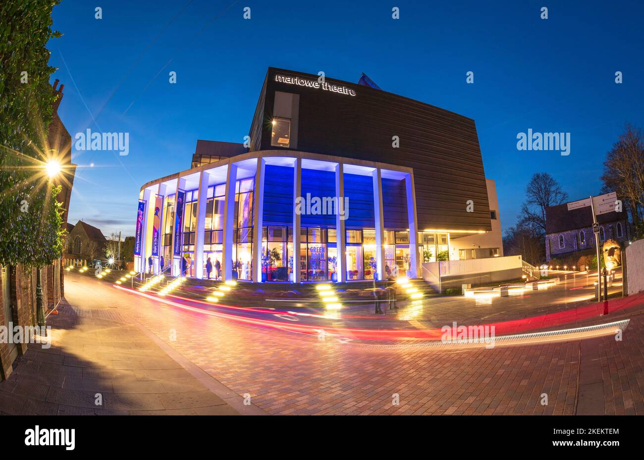 The Marlowe Theatre, a modern theatre illuminated on a performance ...