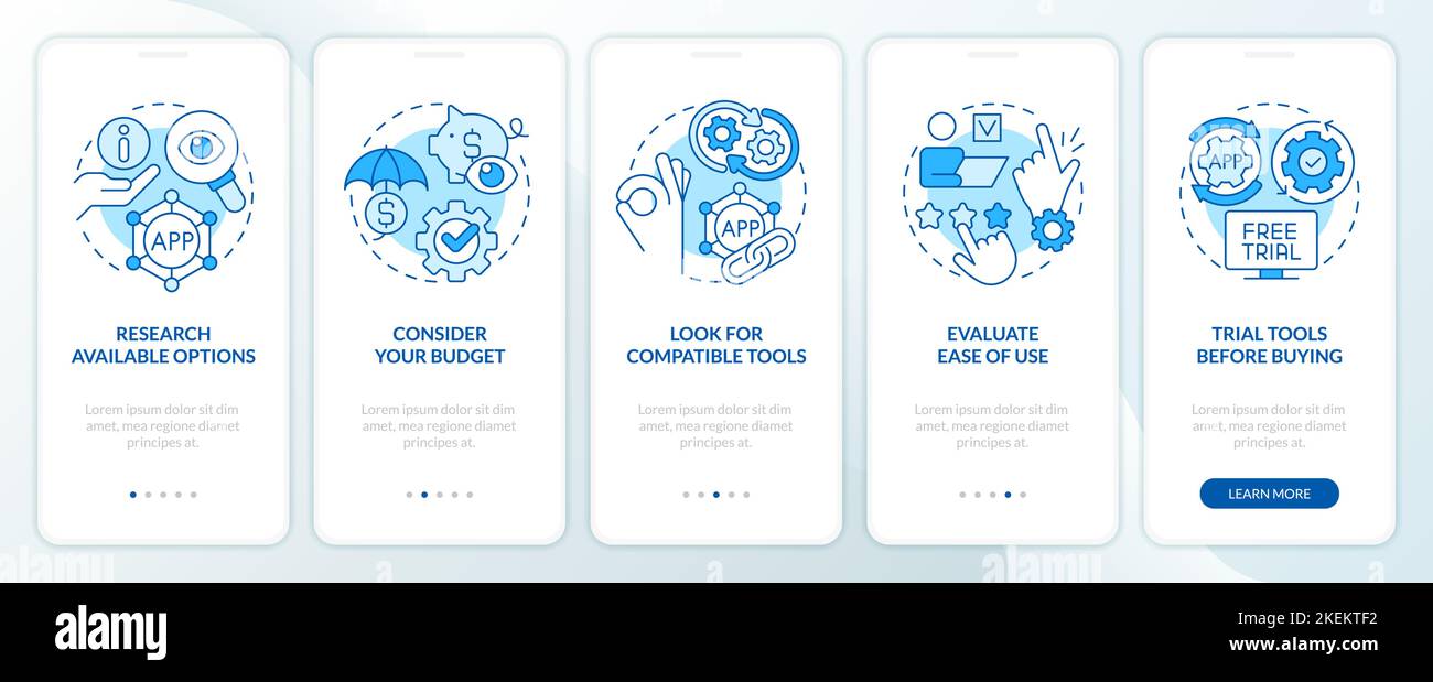 Selecting business tools tips blue onboarding mobile app screen Stock ...