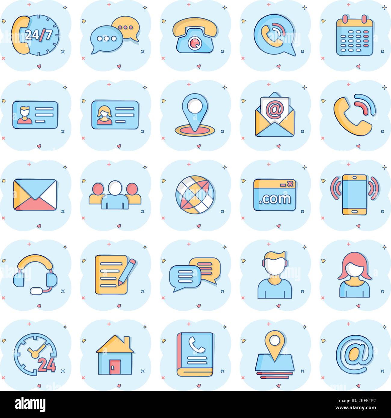 Contact icon set in comic style. Phone communication cartoon vector ...