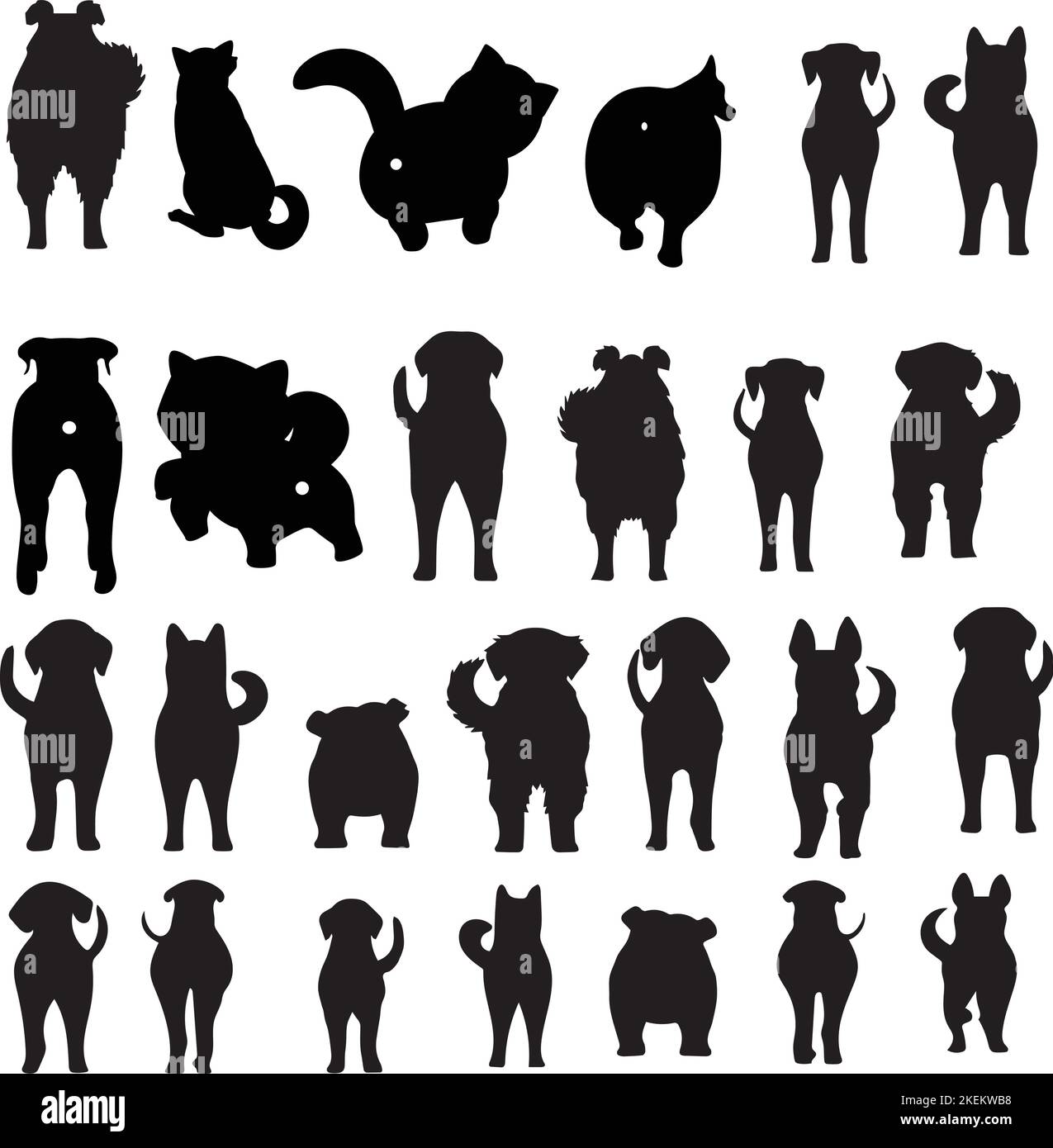An editable set of illustrated dog silhouettes from the back on a white ...