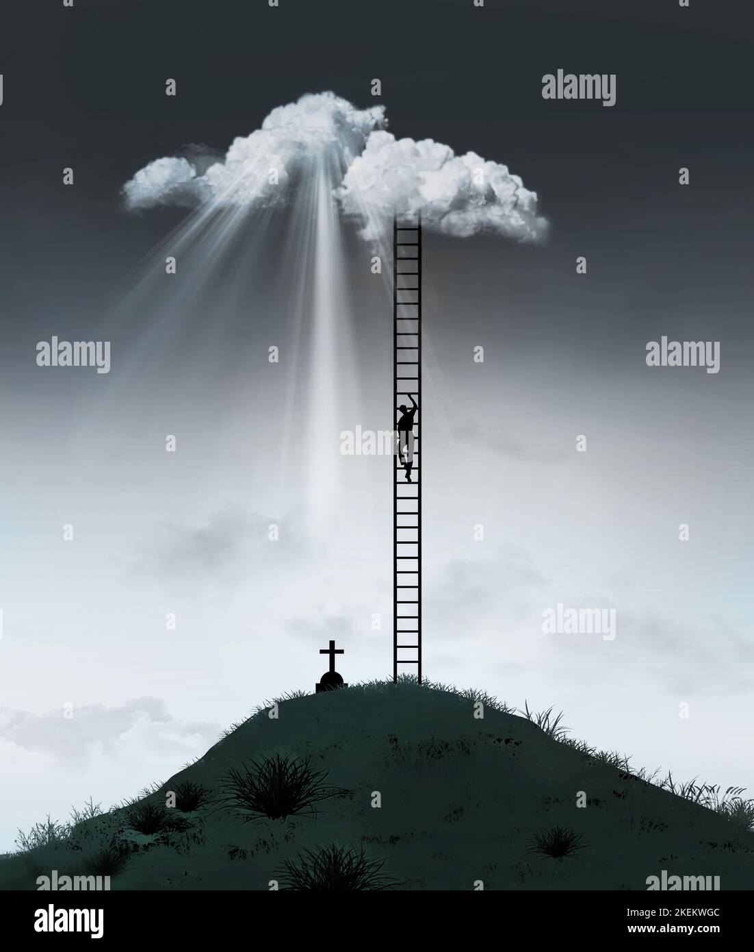A man climbs a ladder toward heaven in this 3-d illustration about ...