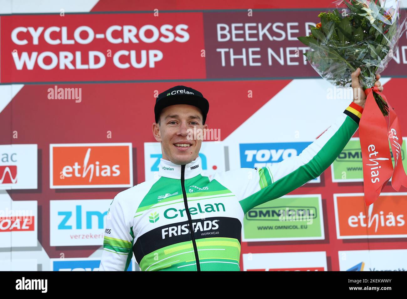 Belgian Laurens Sweeck celebrates on the podium after winning the men ...