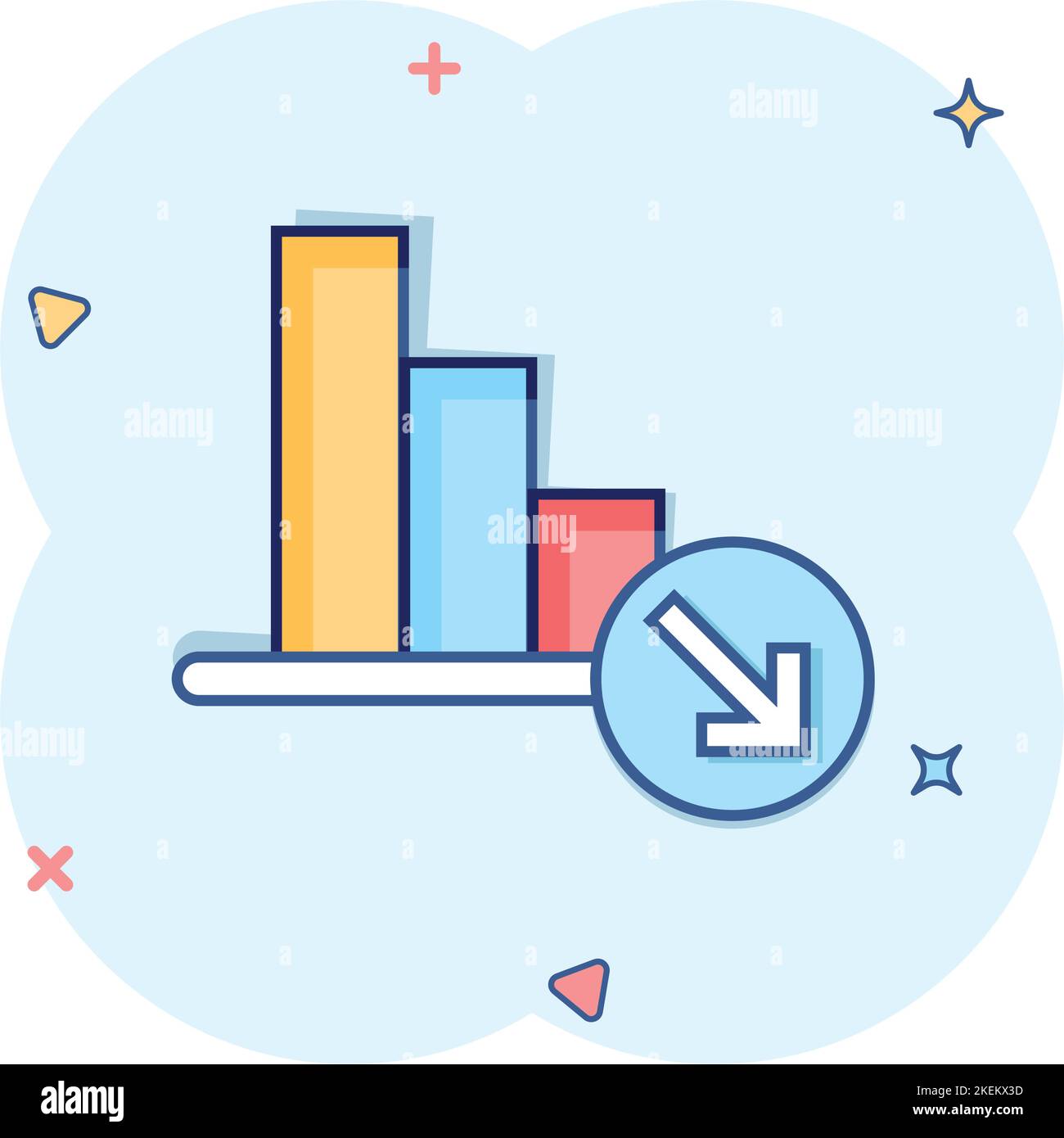 Market trend icon in comic style. Decline arrow with magnifier cartoon ...