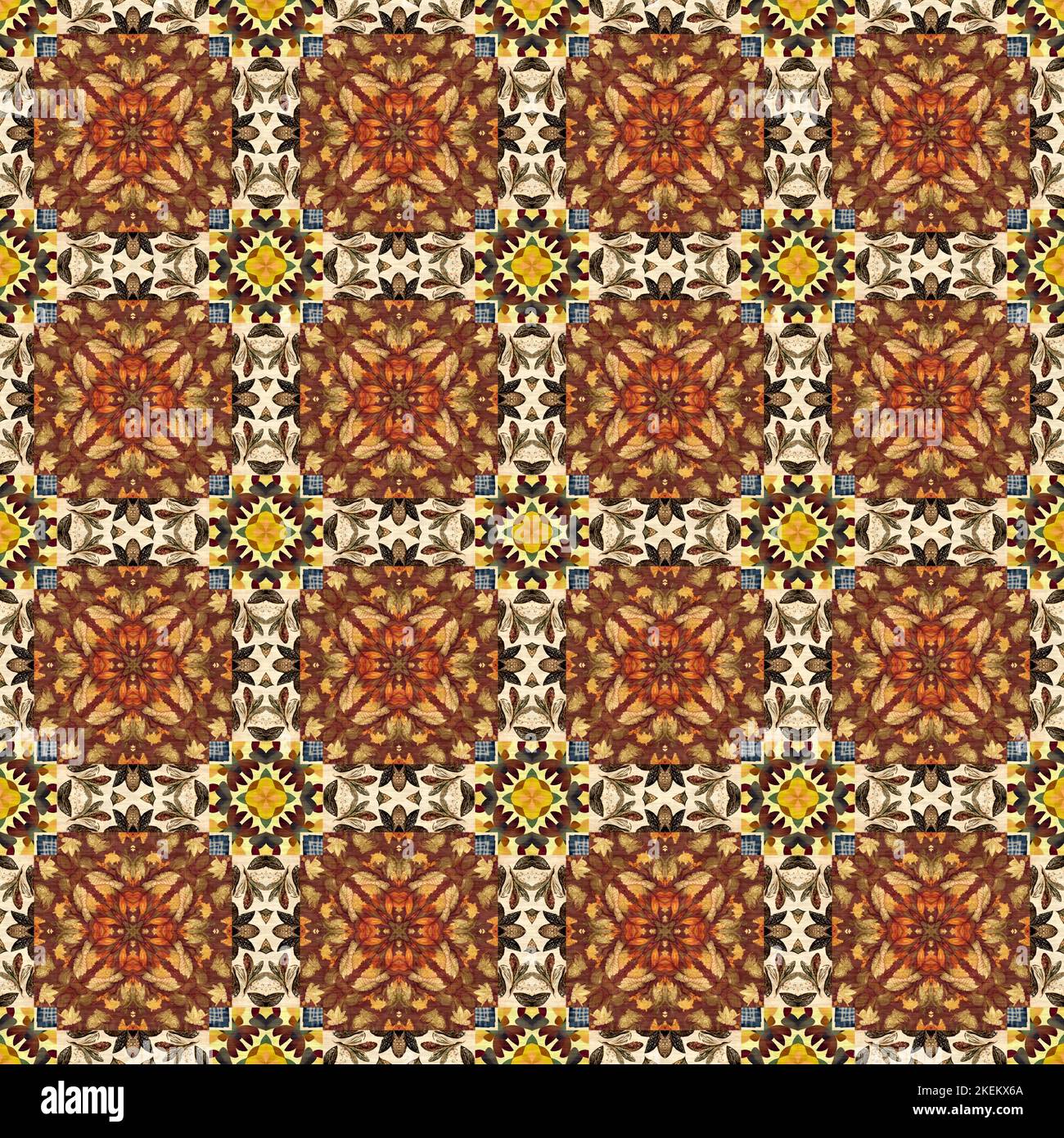 Autumn leaves woodland seamless pattern. Brown retro kaleidoscopic ...