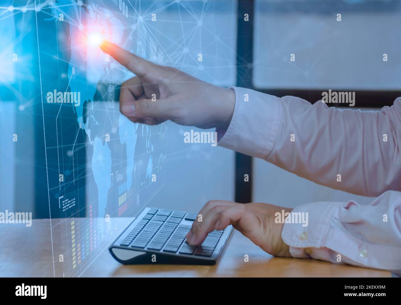 Businessman press on digital screen interface big data analytics and ...