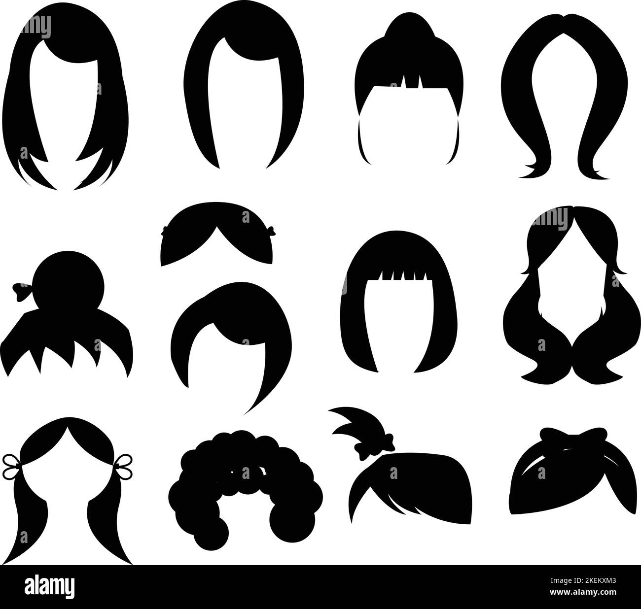 An editable set of illustrated silhouettes of hairstyles on a white ...