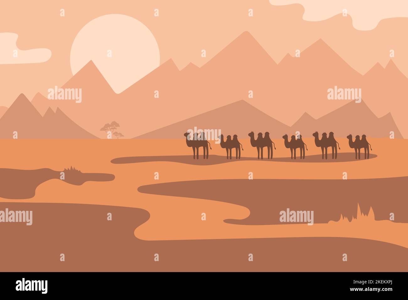 Desert horizontal poster with camels cartoon characters in the savannah ...