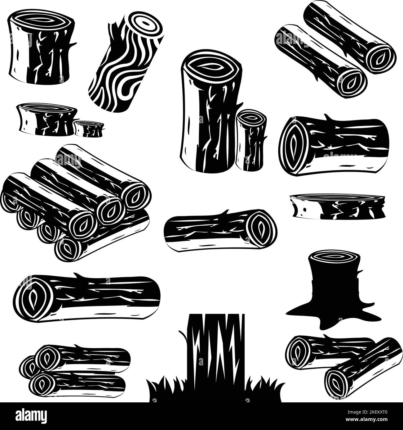 An editable set of illustrated wood log silhouettes on a white ...