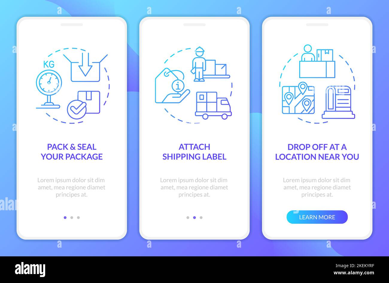 Sending parcel tips blue gradient onboarding mobile app screen Stock ...