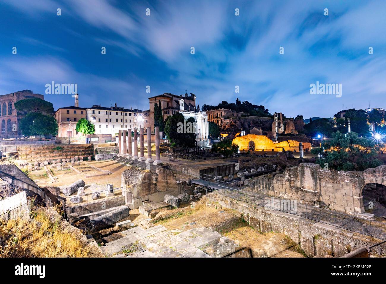 Rome, Italy - August 4, 2021: night view of the roman forum with ...