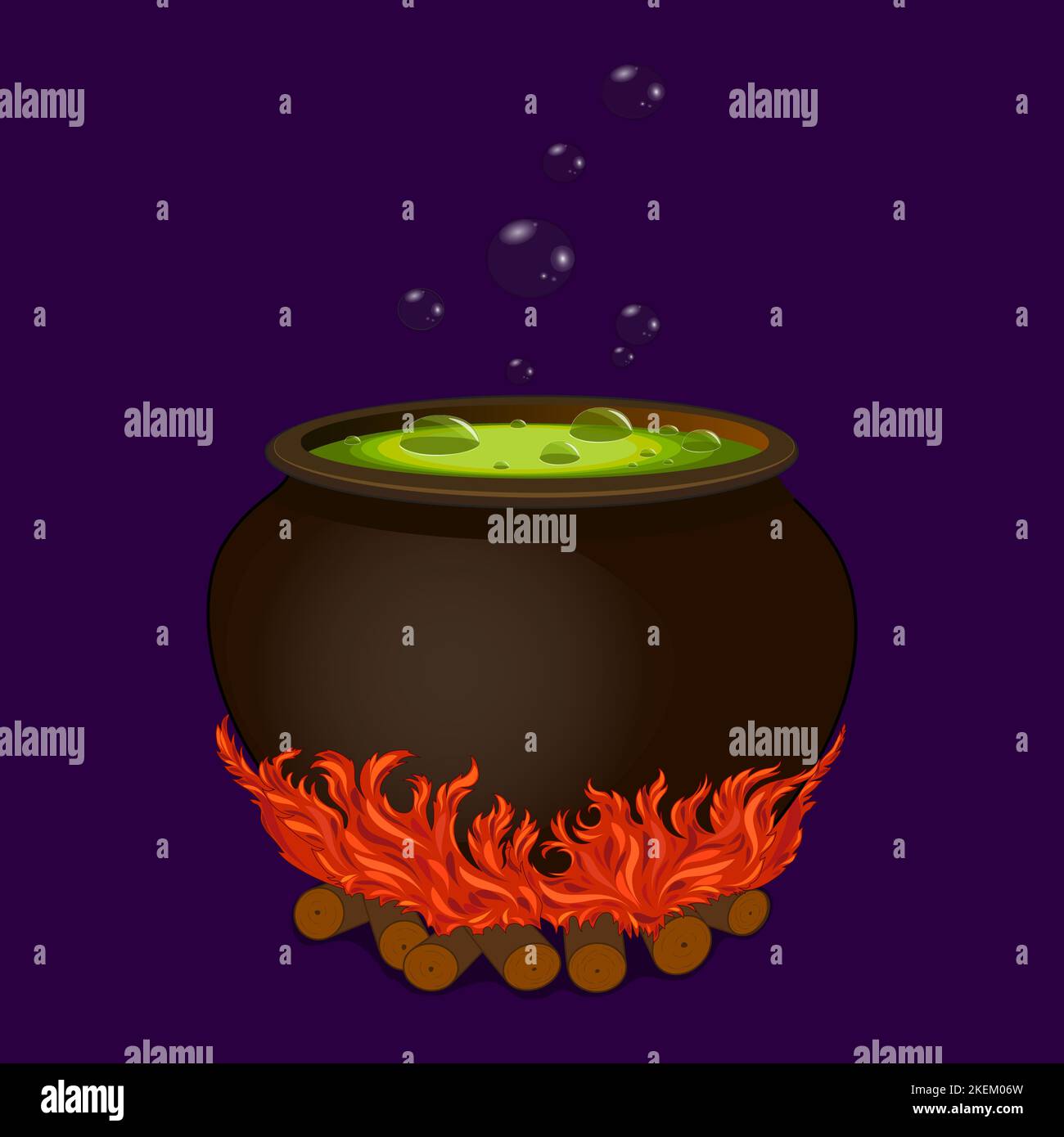 Cartoon vector witch cauldron with boiling potion of poison and bonfire ...