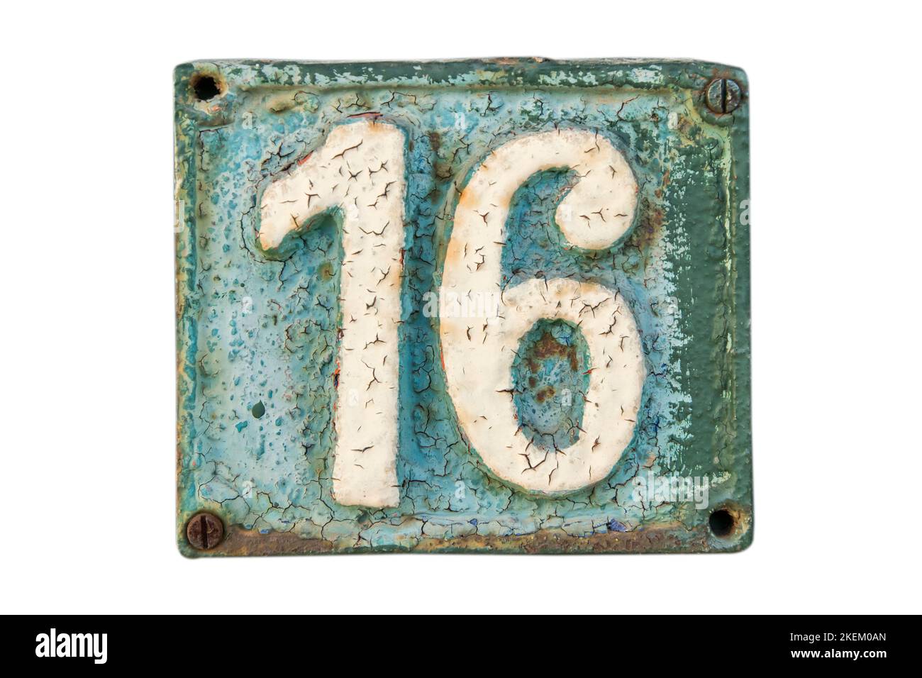 Old retro weathered cast iron plate with number 16 closeup isolated on ...