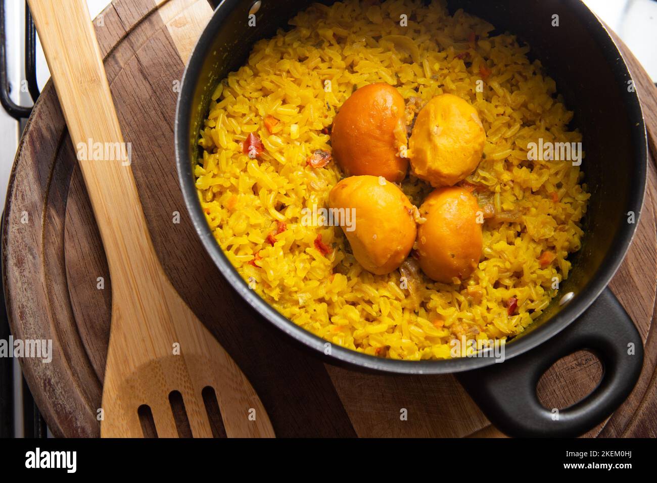 Goiânia, Goias, Brazil – November 13, 2022: A black pan with rice with ...