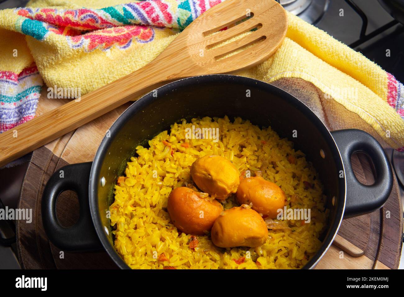 Goiânia, Goias, Brazil – November 13, 2022: A black pan with rice with ...