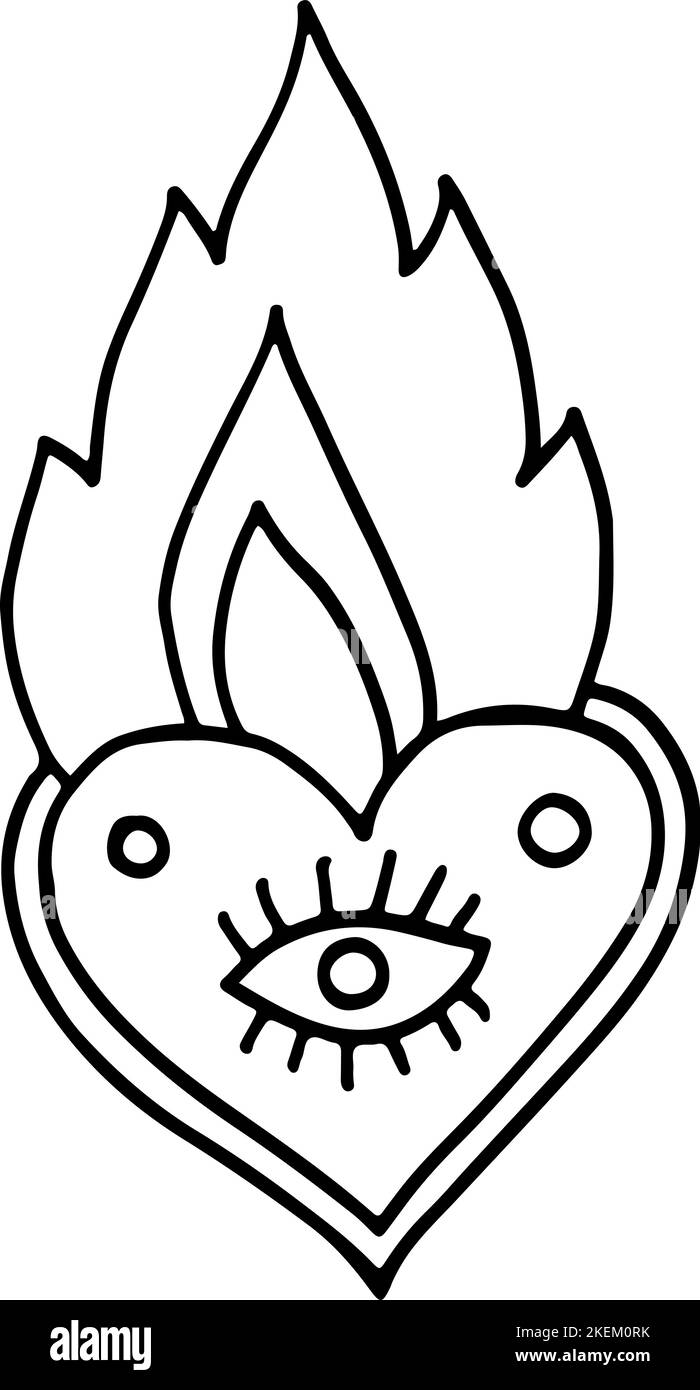 Flaming heart with eye. Alchemy doodle art. Witchcraft black and white ...