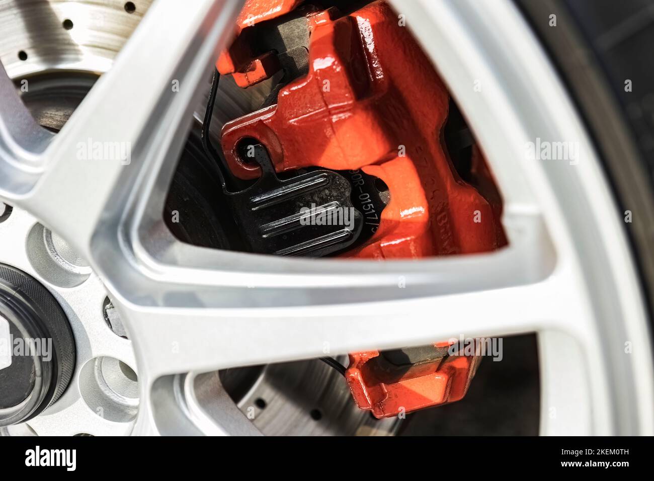 Sport car disc brake caliper detail Stock Photo - Alamy