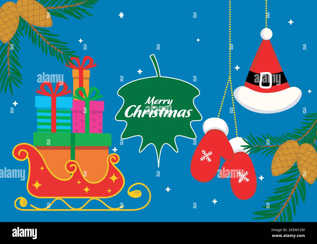 cartoon merry christmas and happy new year banner with santas sleigh ...
