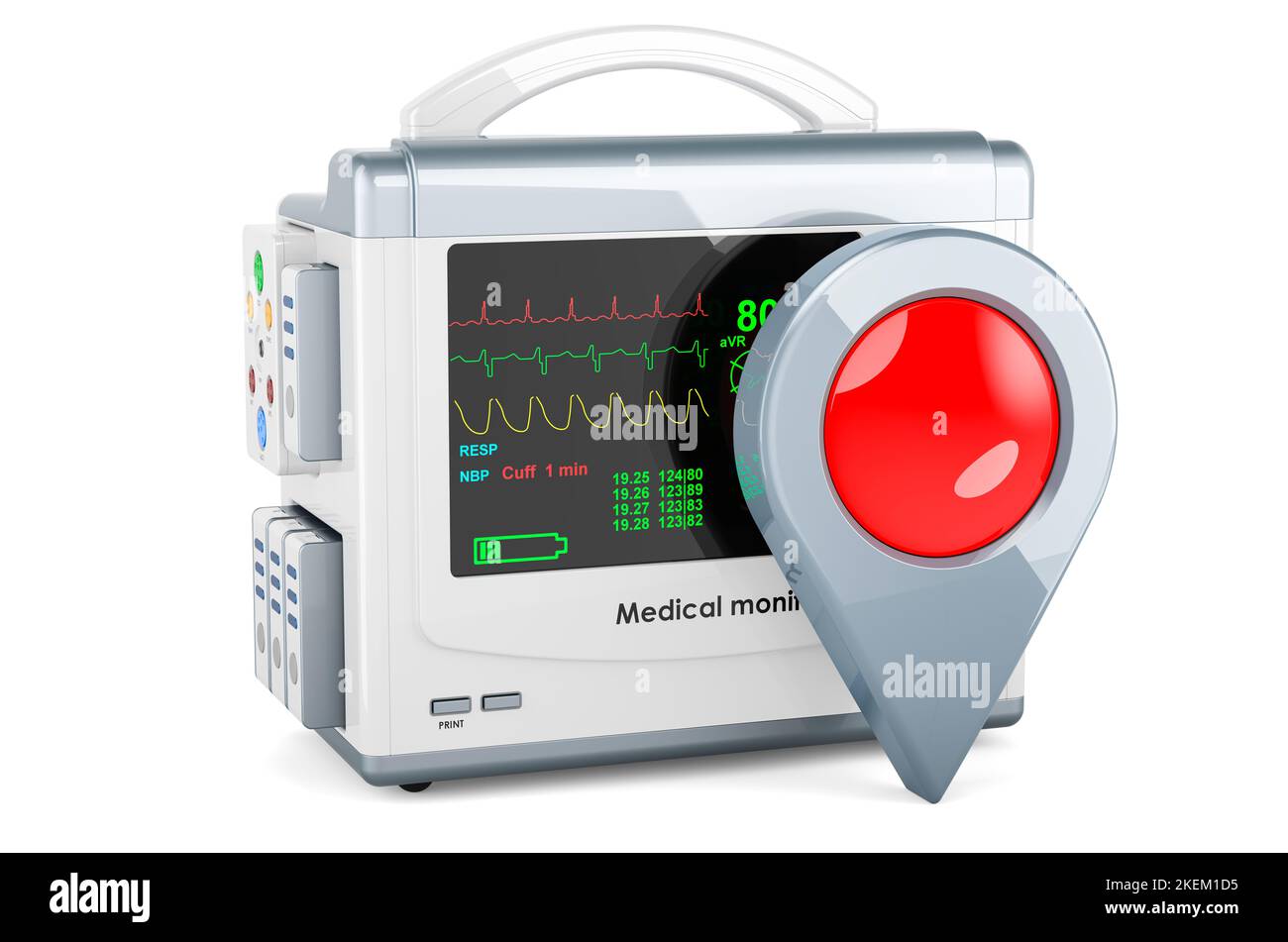 Medical monitor with map pointer, 3D rendering isolated on white ...