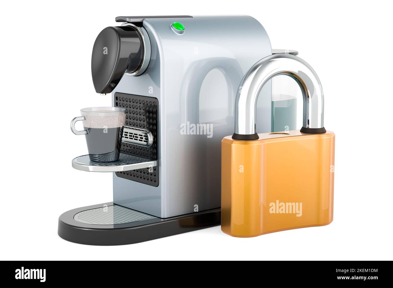 Coffee pod machine with padlock, 3D rendering isolated on white ...