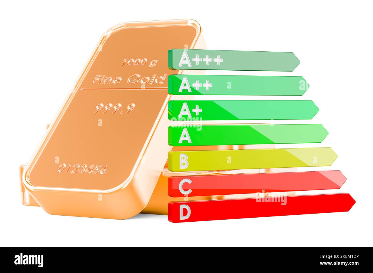 Gold ingots with energy efficiency chart, 3D rendering isolated on ...