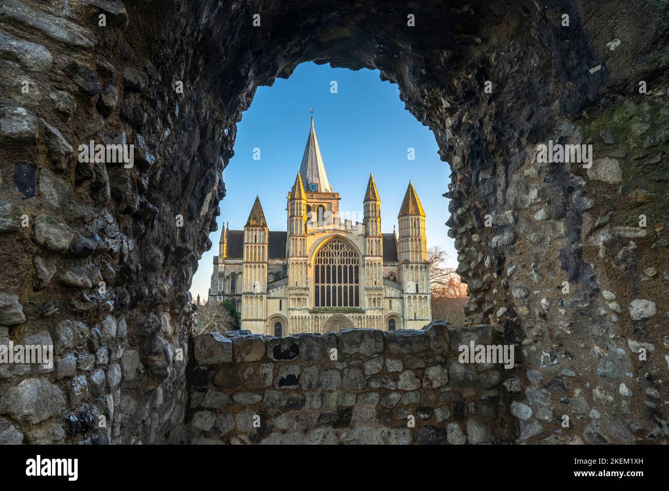 Rochester Cathedral seen through a window of the Rochester Castle keep ...